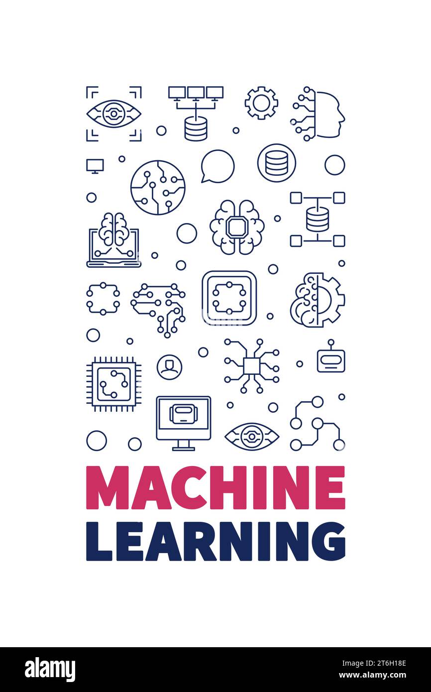 Machine Learning vertical banner in outline style. ML Technology ...