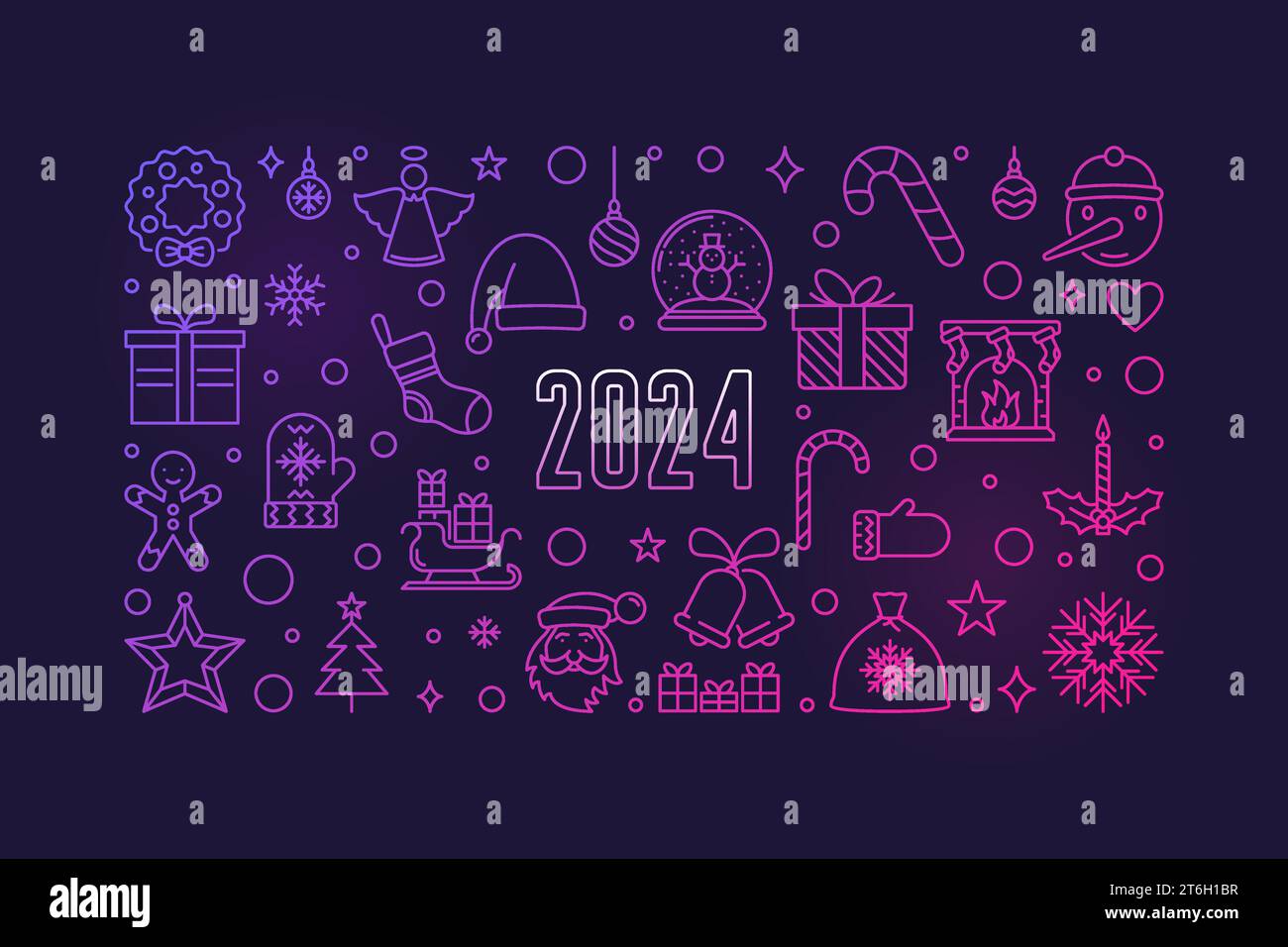 New Year 2024 outline colored banner - vector Xmas horizontal ...