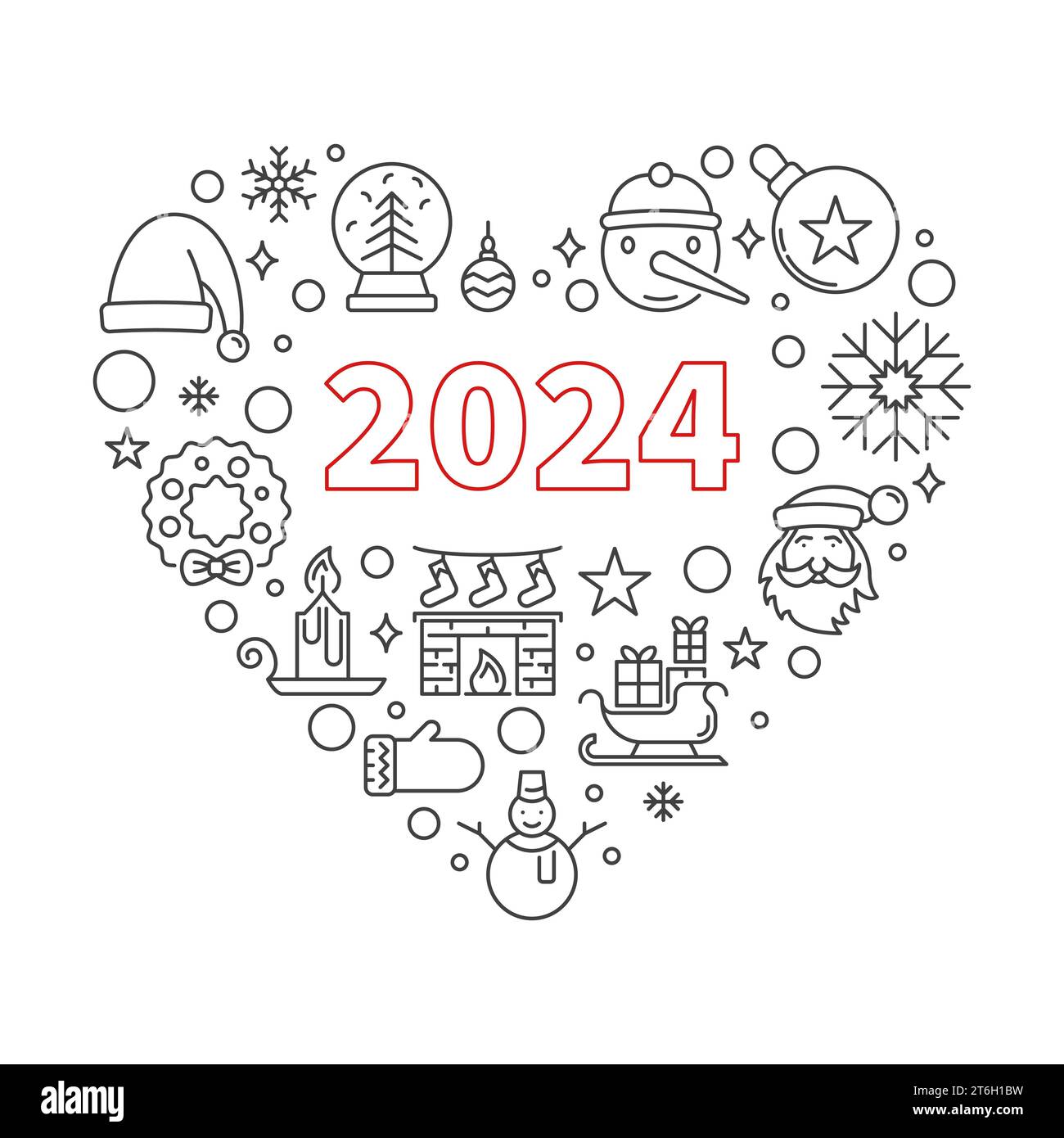 2024 Happy New Year outline heart-shaped banner - vector Xmas Heart ...