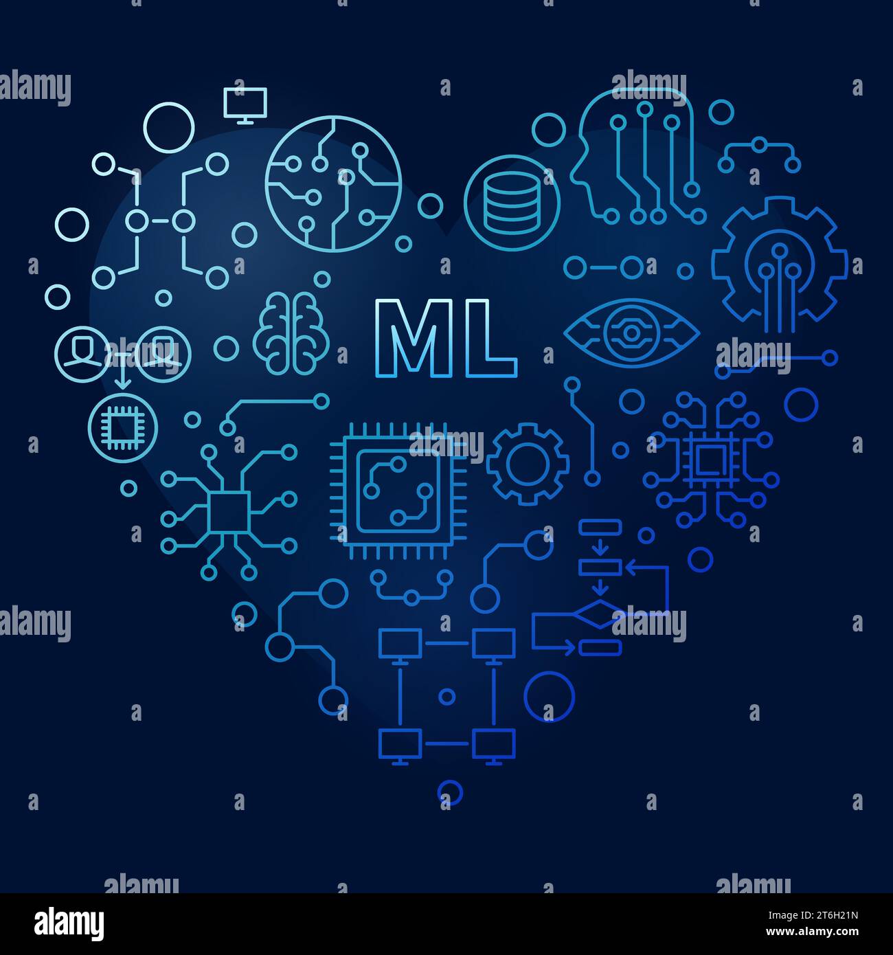 Machine Learning concept vector outline blue heart shaped banner. ML ...