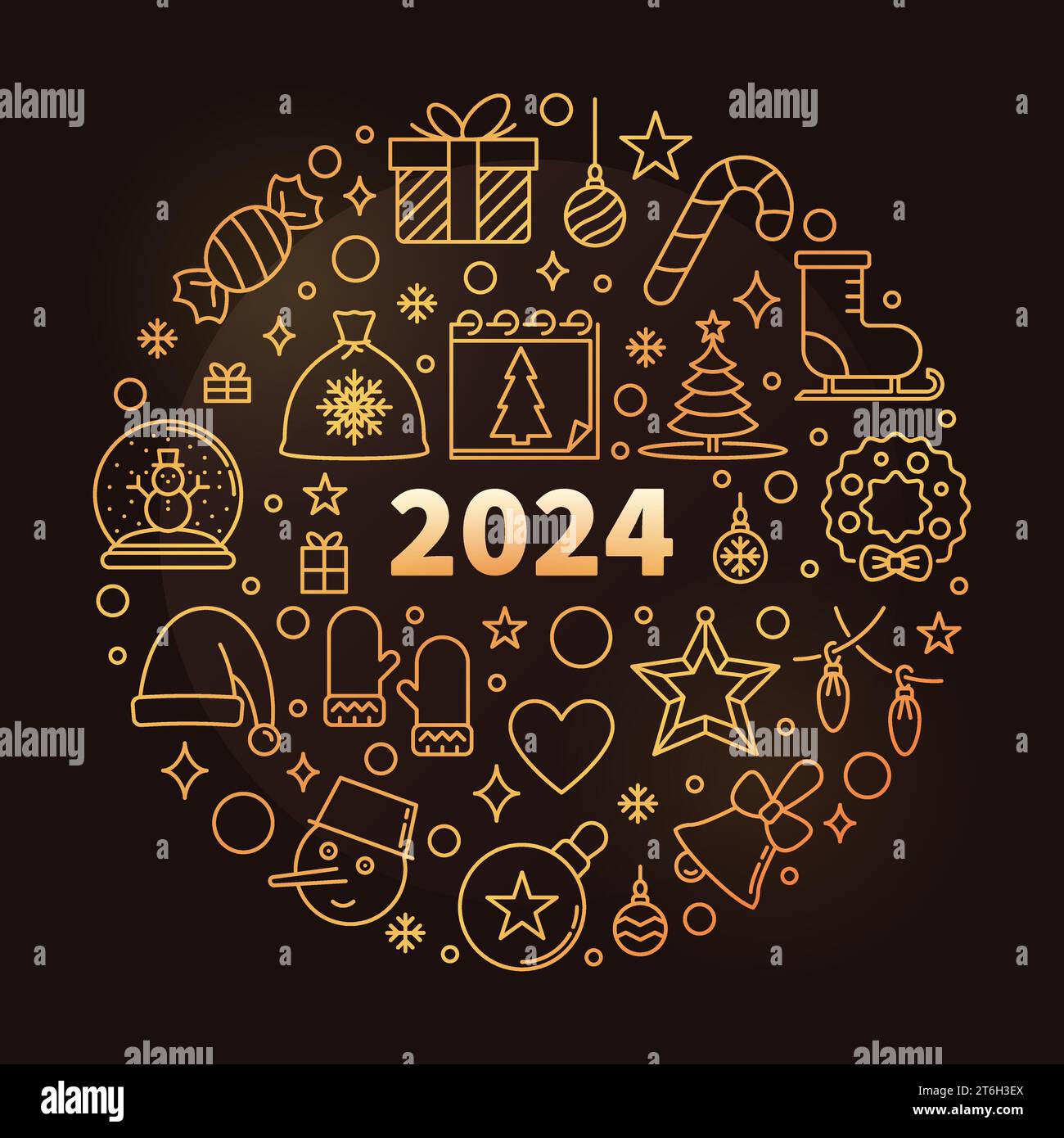 New Year 2024 outline round golden banner - vector Xmas illustration or ...