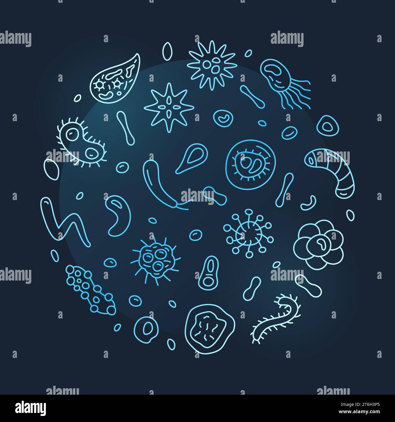Bacteria concept Science round blue banner with bacilli outline symbols ...