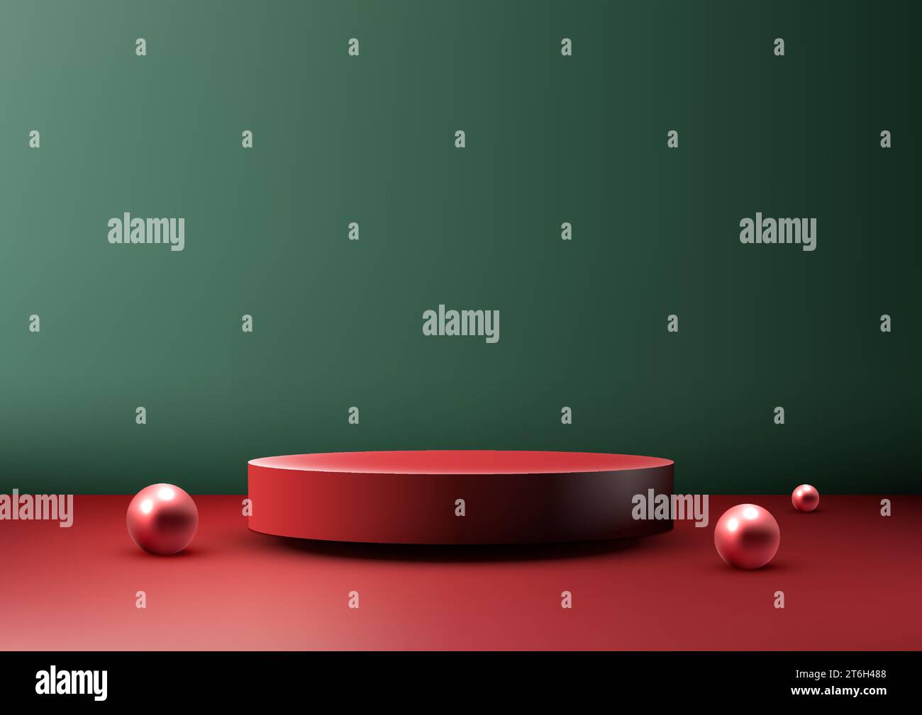 A festive 3D realistic Christmas podium decoration with red shiny balls ...