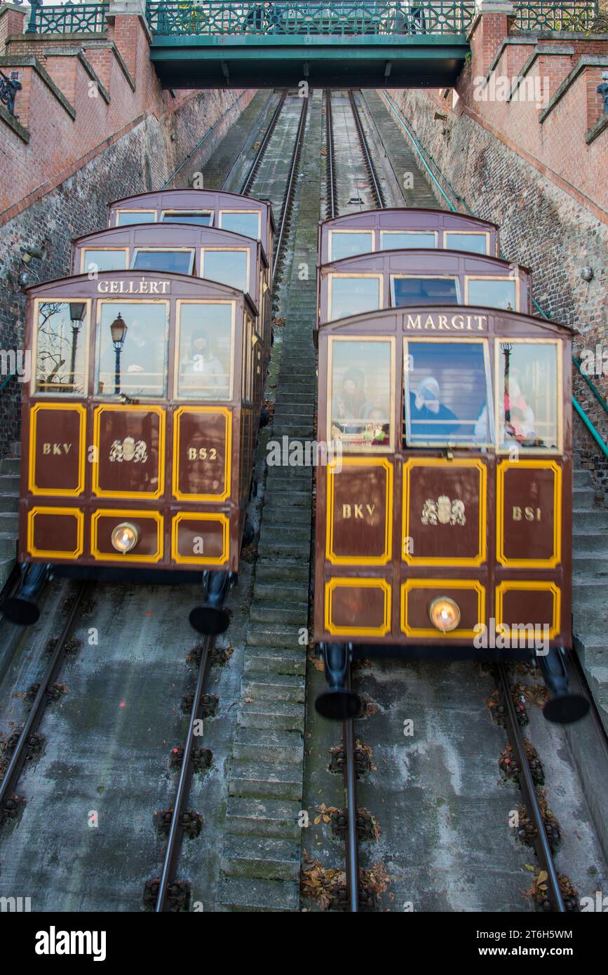 The old funicular that takes you up and down the hill in Budapest Stock ...