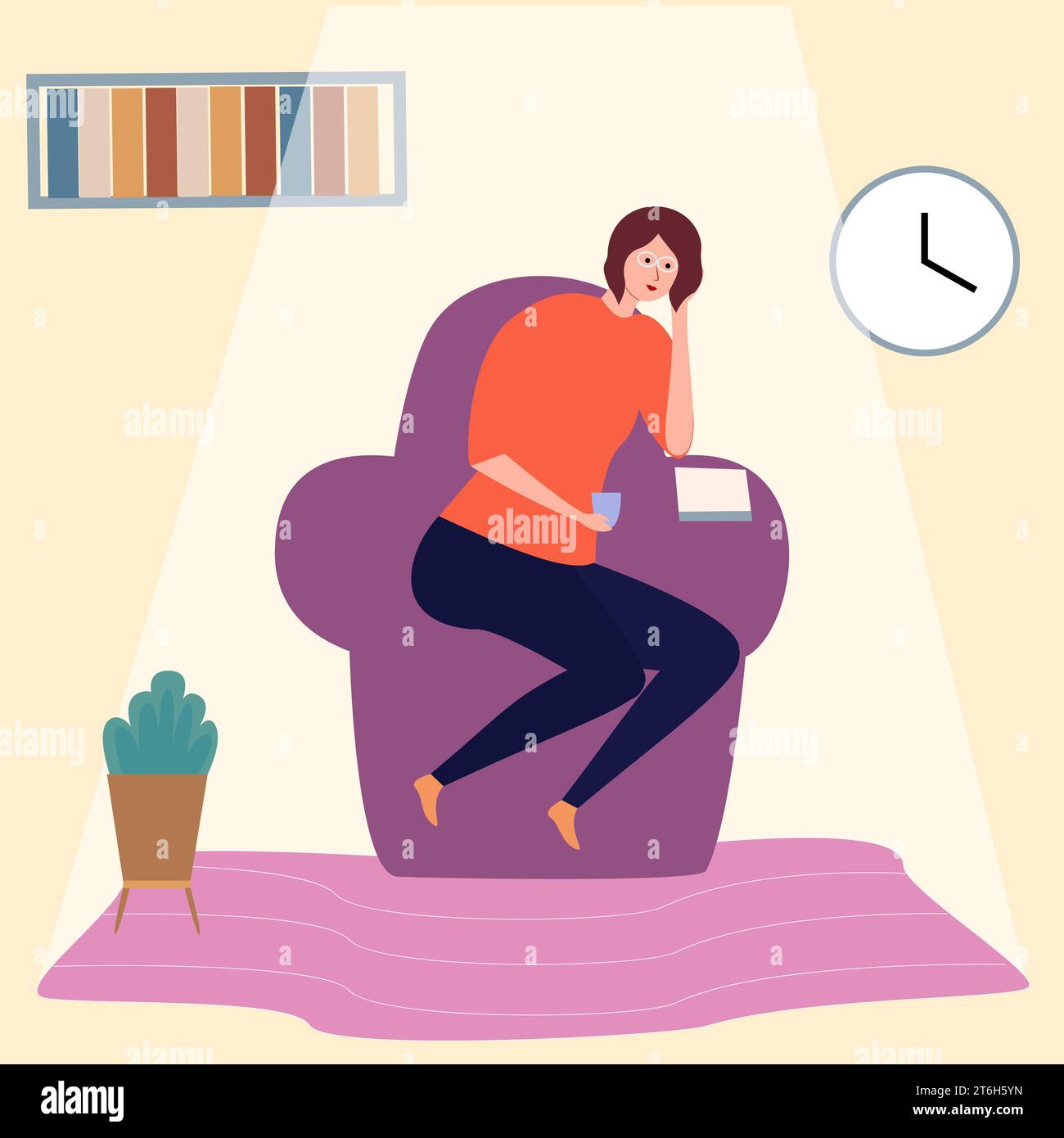 A girl reads a book on an armchair in her room. Flat vector. Home ...