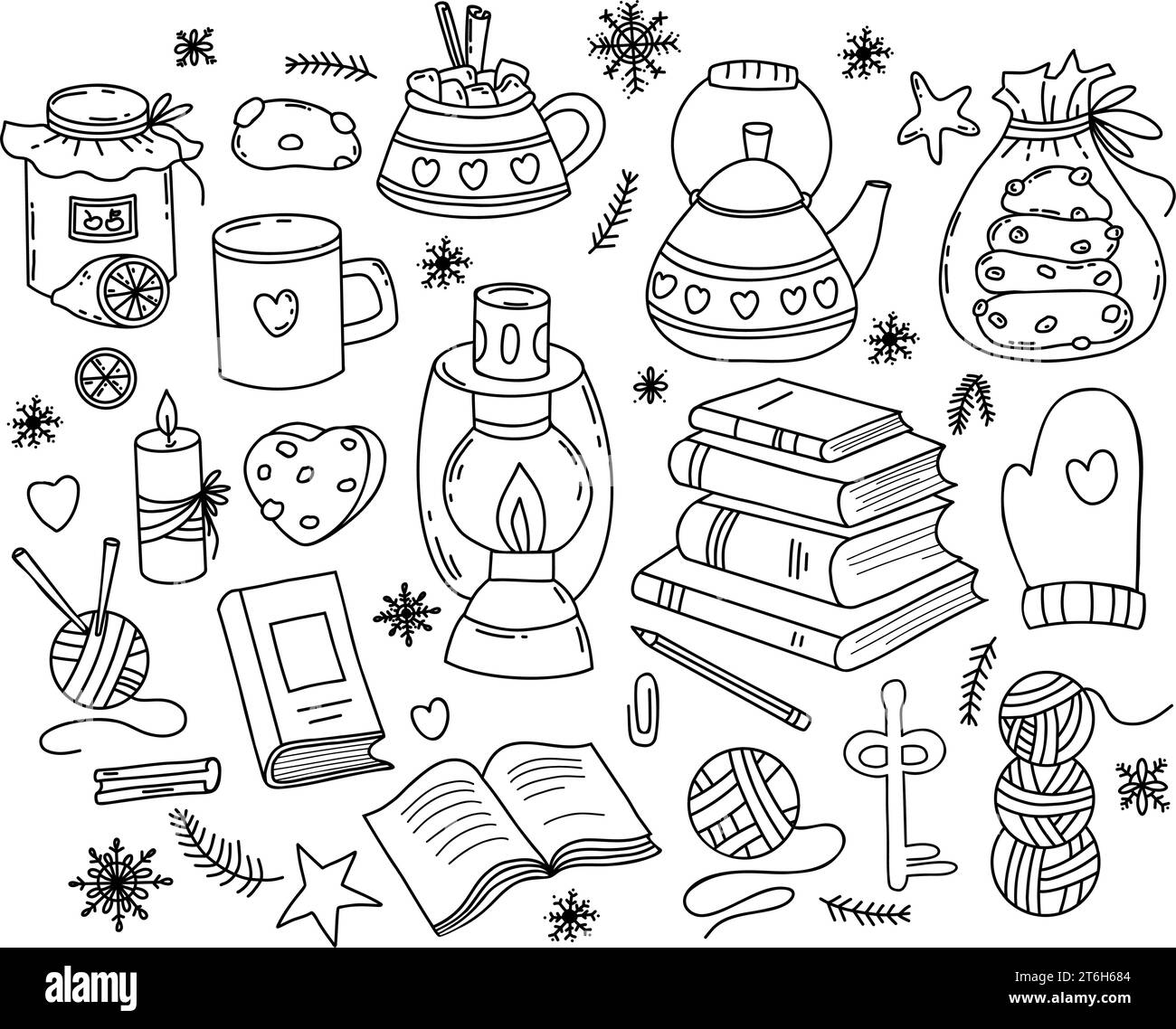 Cozy winter and hobby doodle collection. Books, knitting threads ...