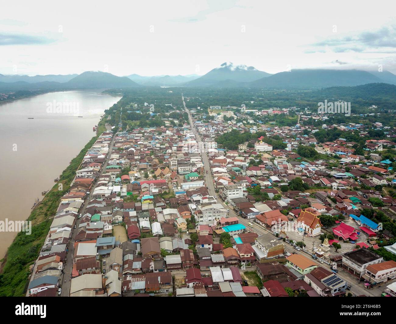 Aerial view of classic wooden house beside the Mekong river in Chiang ...