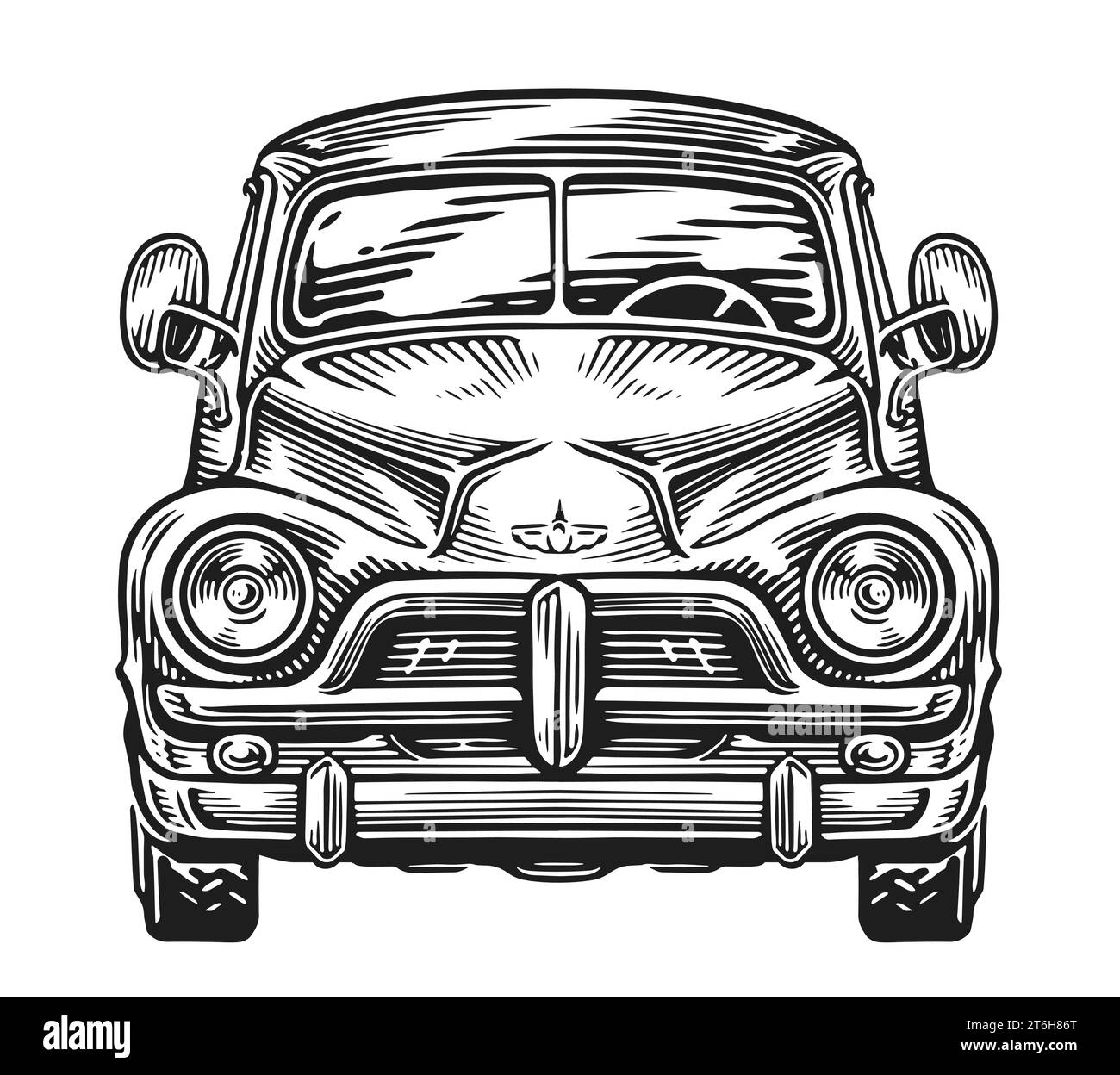 Retro car, front view. Vintage land transport. Hand drawn sketch vector ...