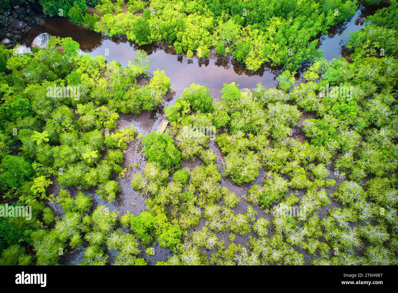Drone photography of the upper part of Sauzier waterfall on, surrounded ...