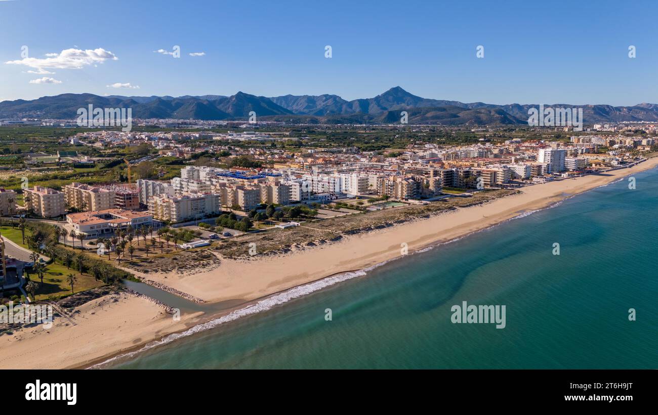 Aerial drone photo of the coastal town named Daimus in the Costa Blanca ...