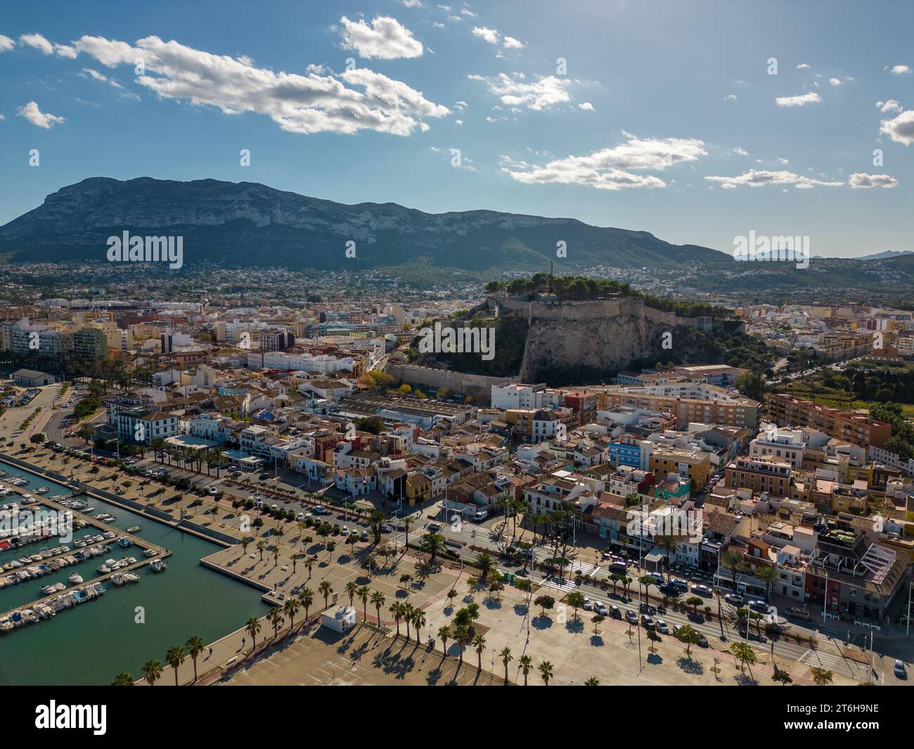 Aerial drone view of the coastal town named Denia. Denia is located at ...