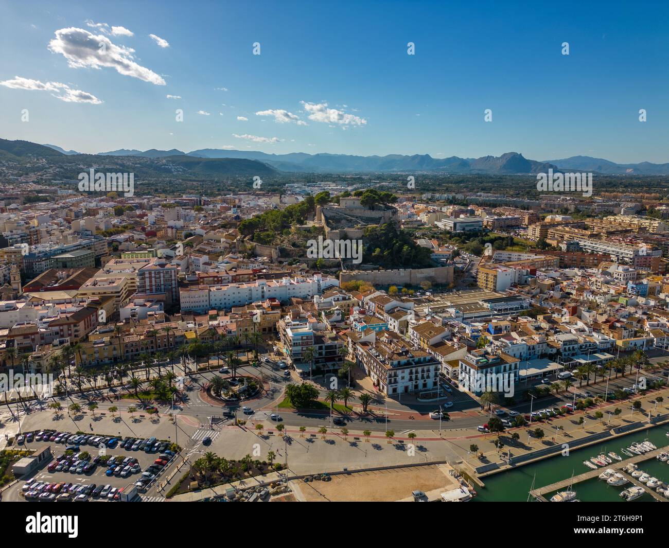 Aerial drone view of the coastal town named Denia. Denia is located at ...