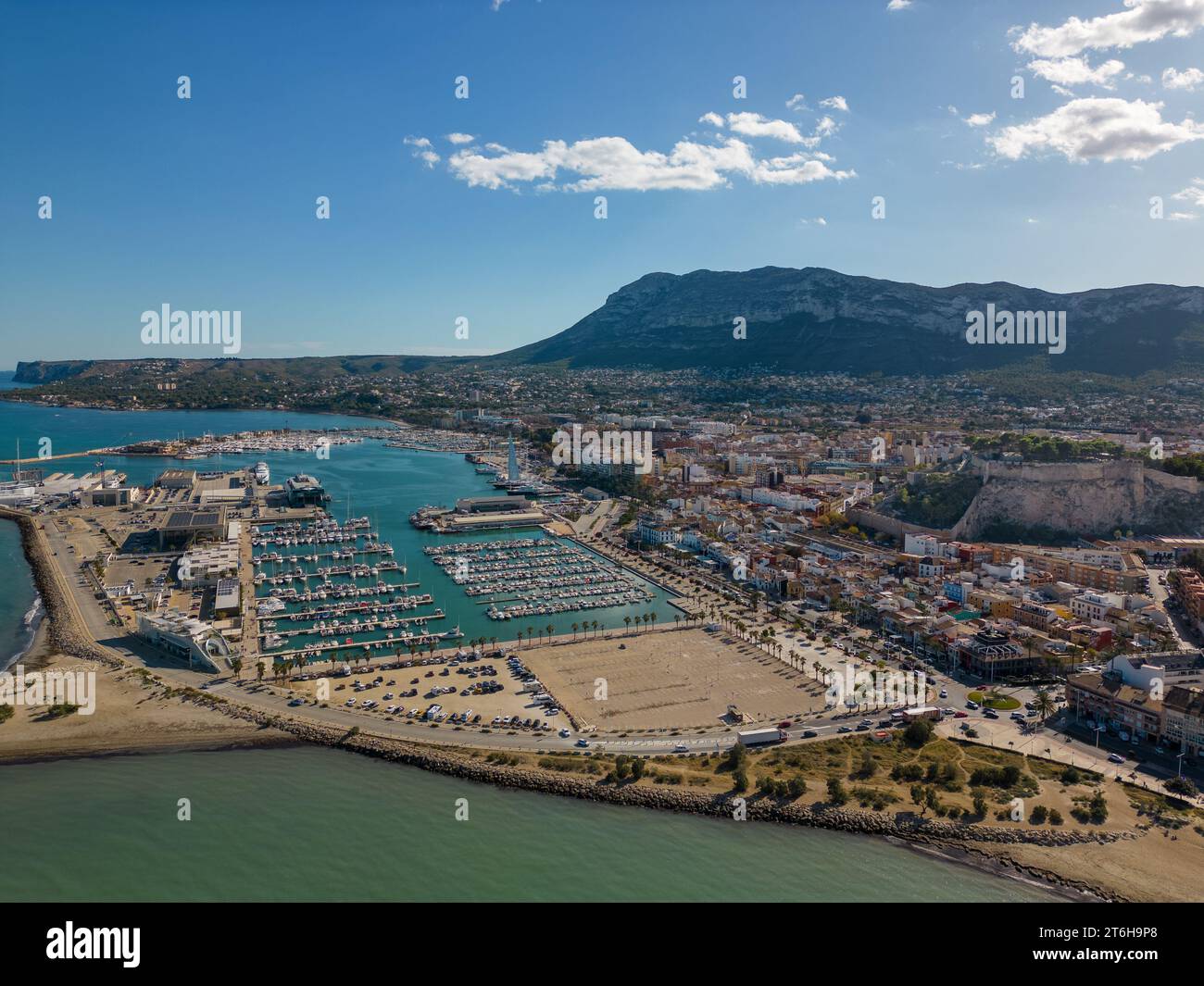 Aerial drone view of the coastal town named Denia. Denia is located at ...