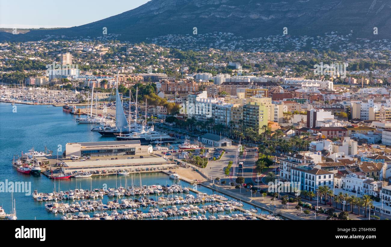 Aerial drone view of the coastal town named Denia. Denia is located at ...