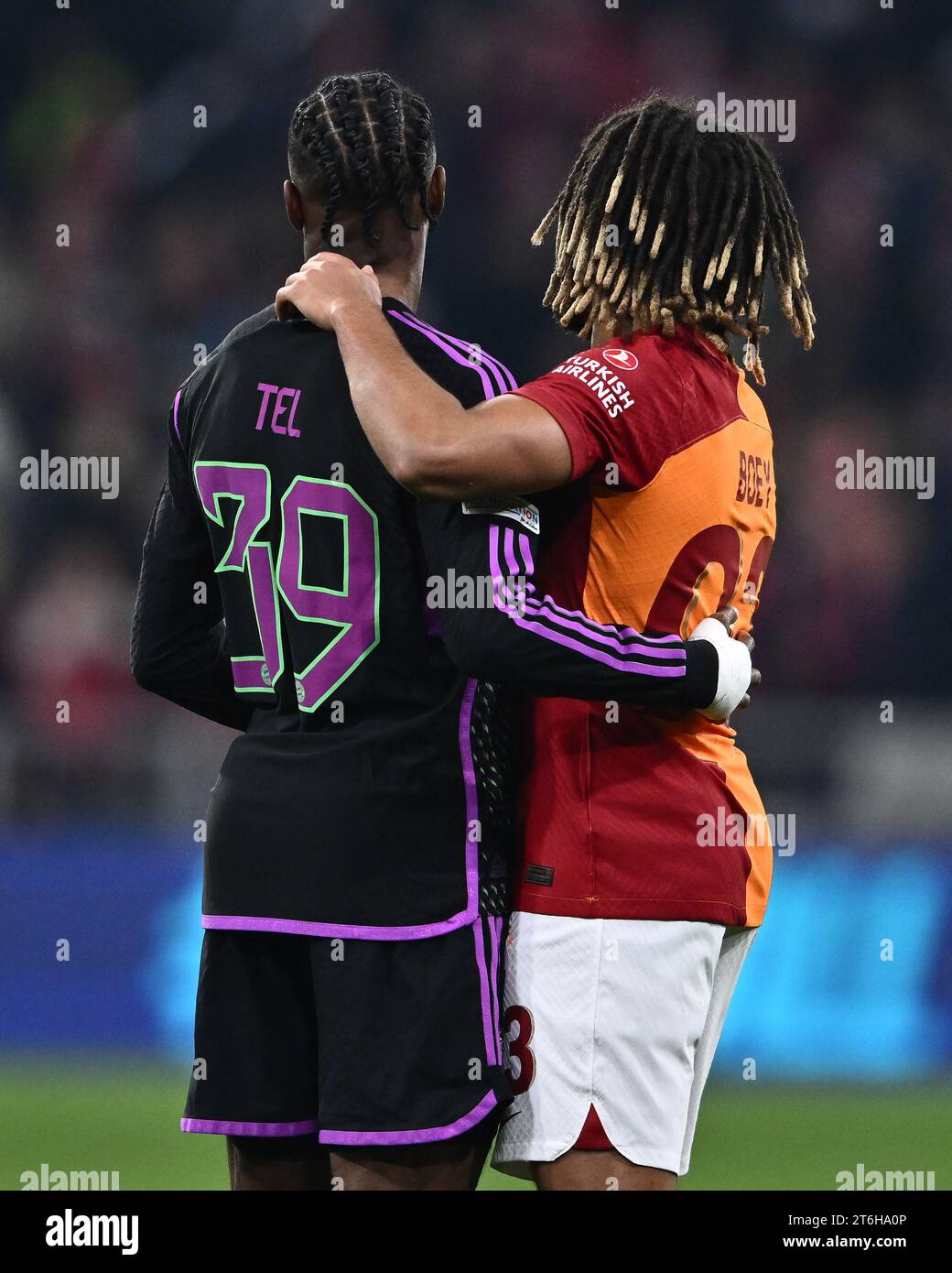 MUNICH, GERMANY - NOVEMBER 8: Mathys Tel of FC Bayern Munchen and Sacha ...