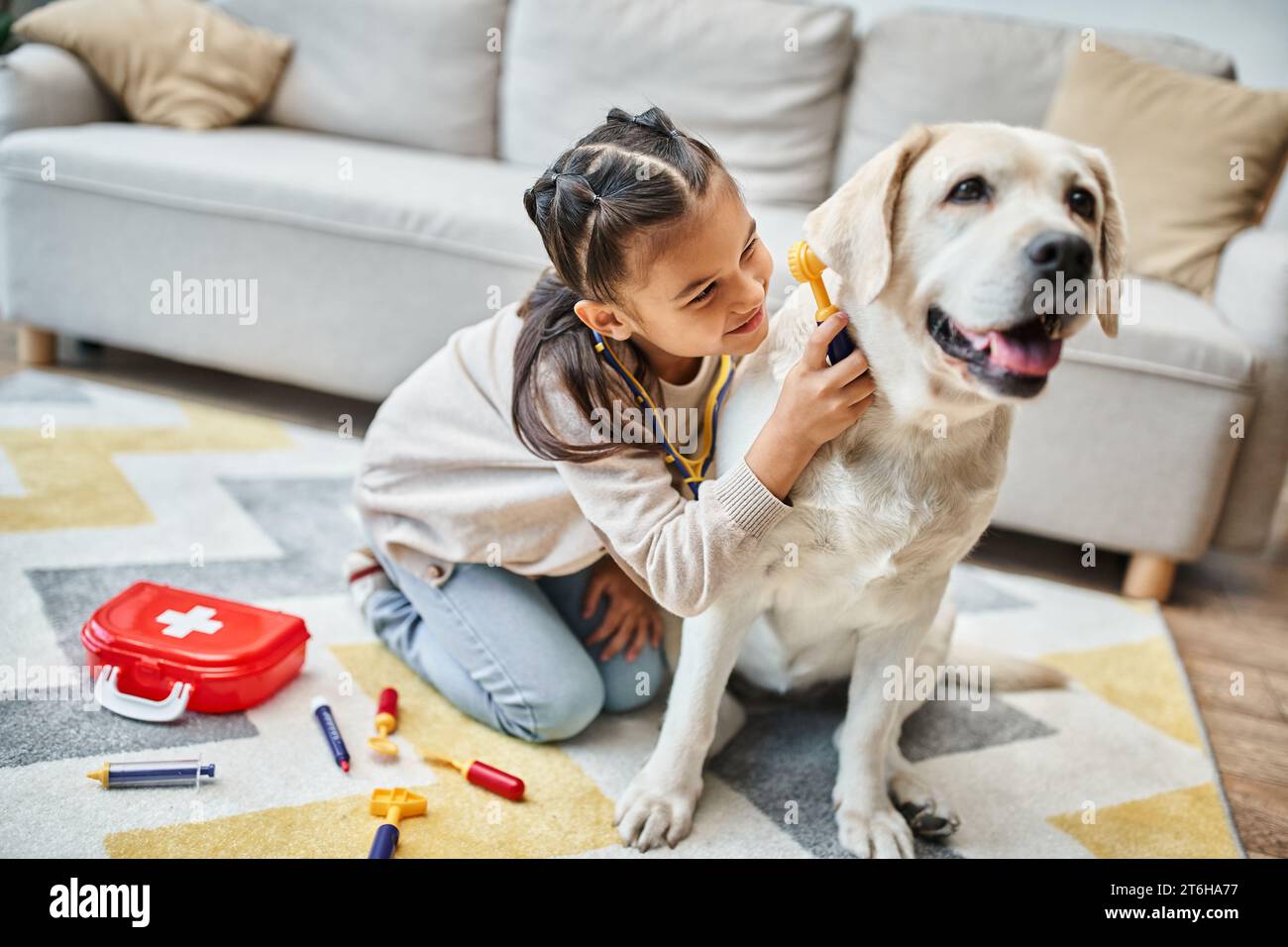 cute girl in casual attire playing doctor with labrador in modern ...