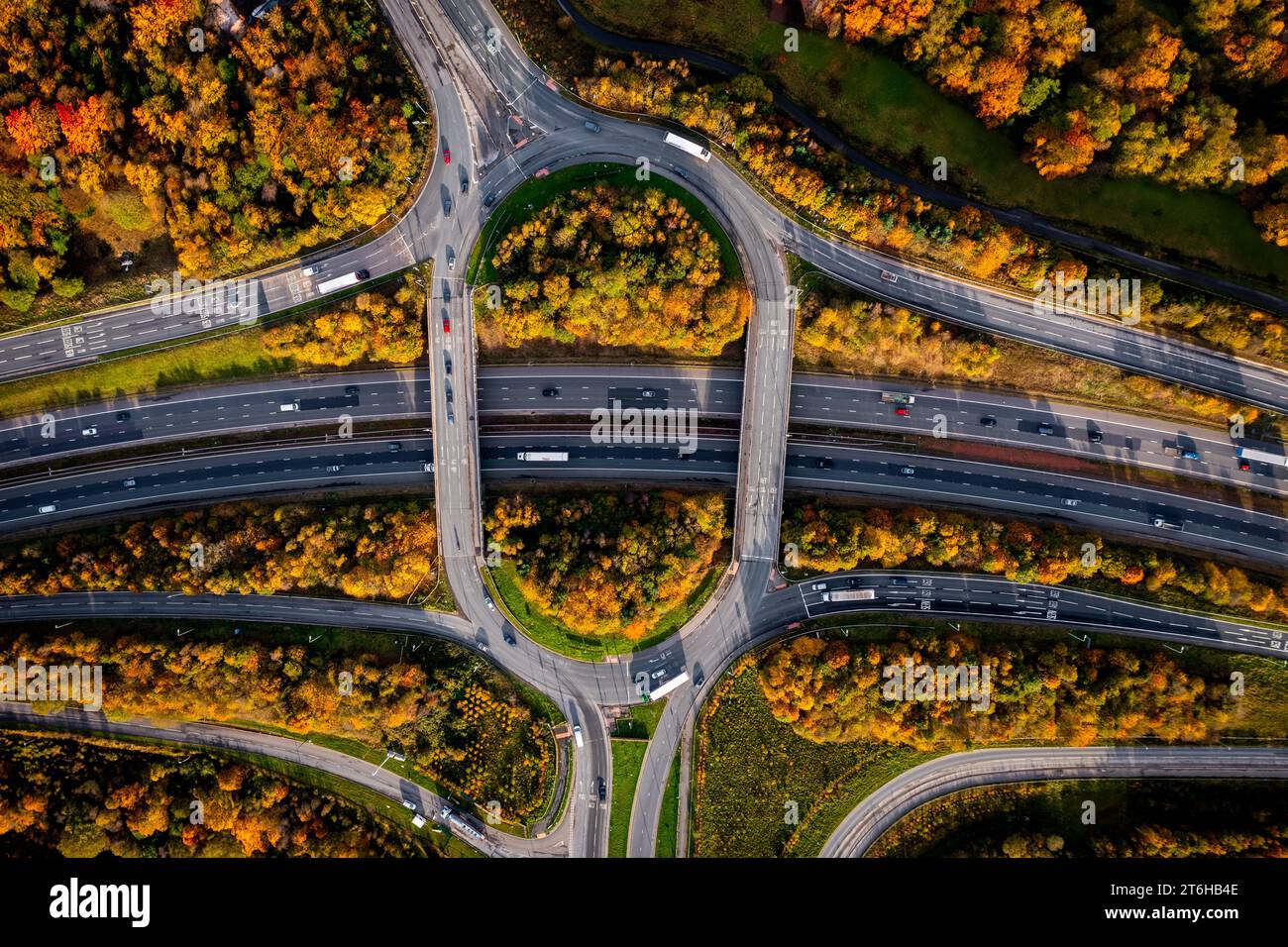 Aerial view directly above a busy M1 UK motorway intersection with ...