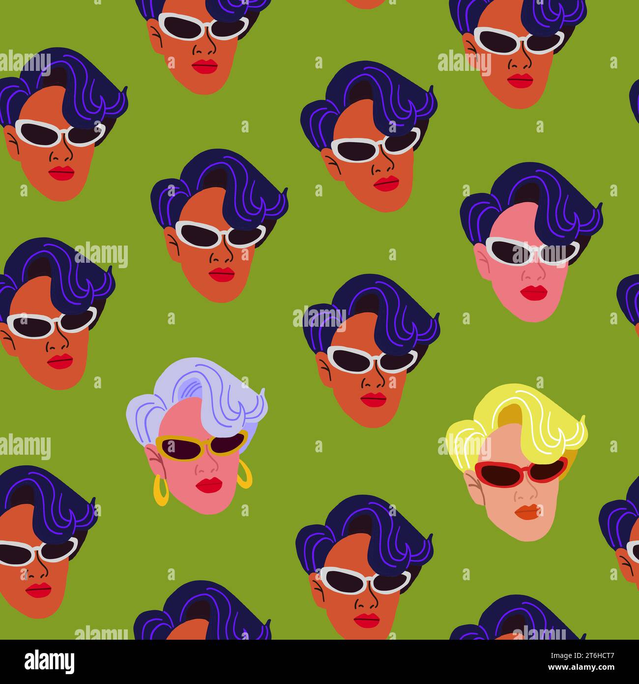 Vector seamless pattern with stylish woman in glasses with colorful ...