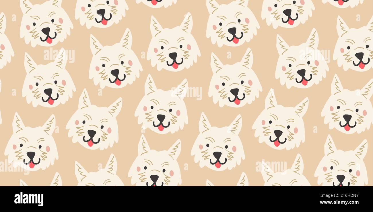 Vector seamless pattern with cute white dog faces. Dog pattern on beige ...