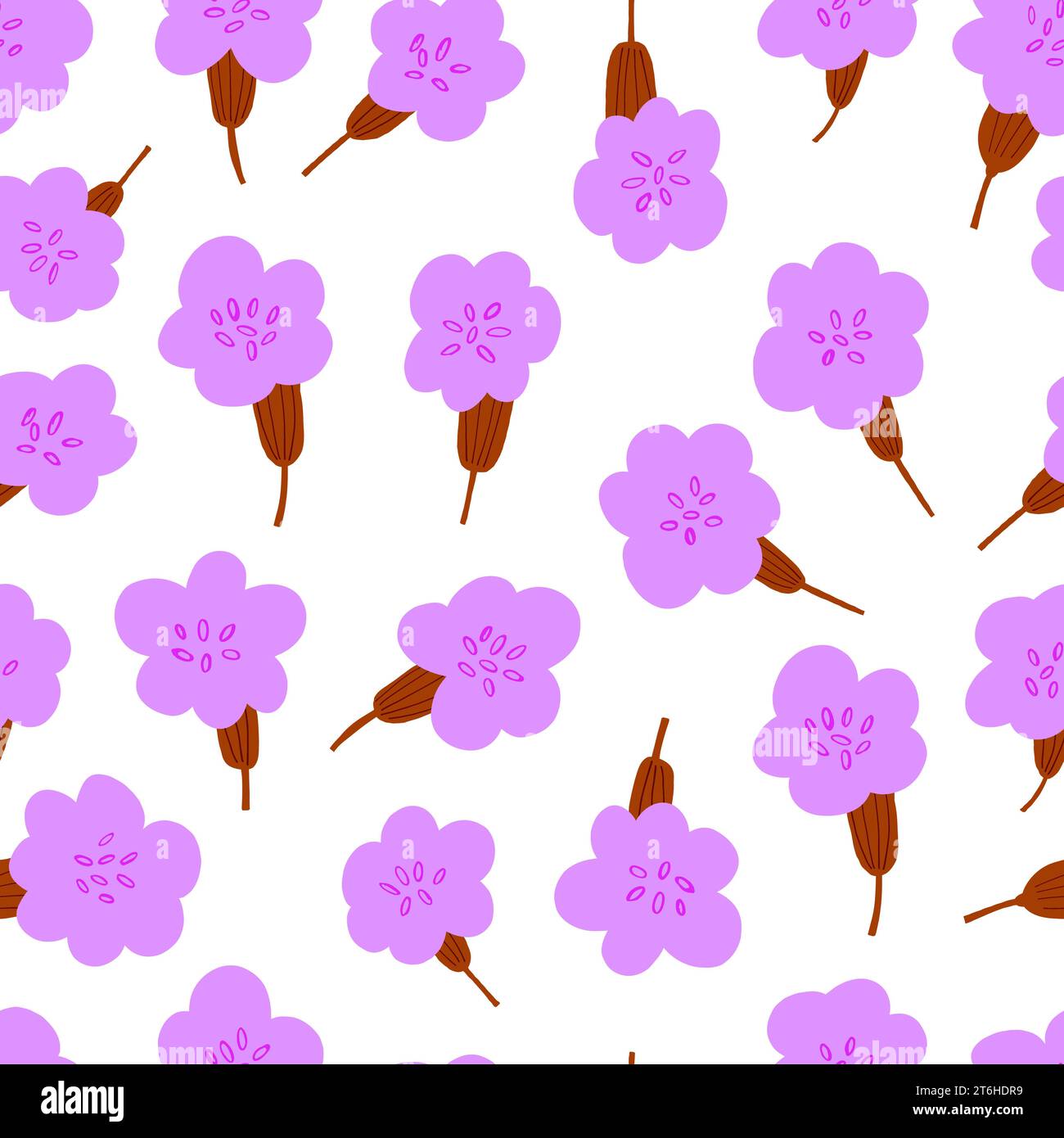 Vector seamless pattern with simple violet flowers on white background ...