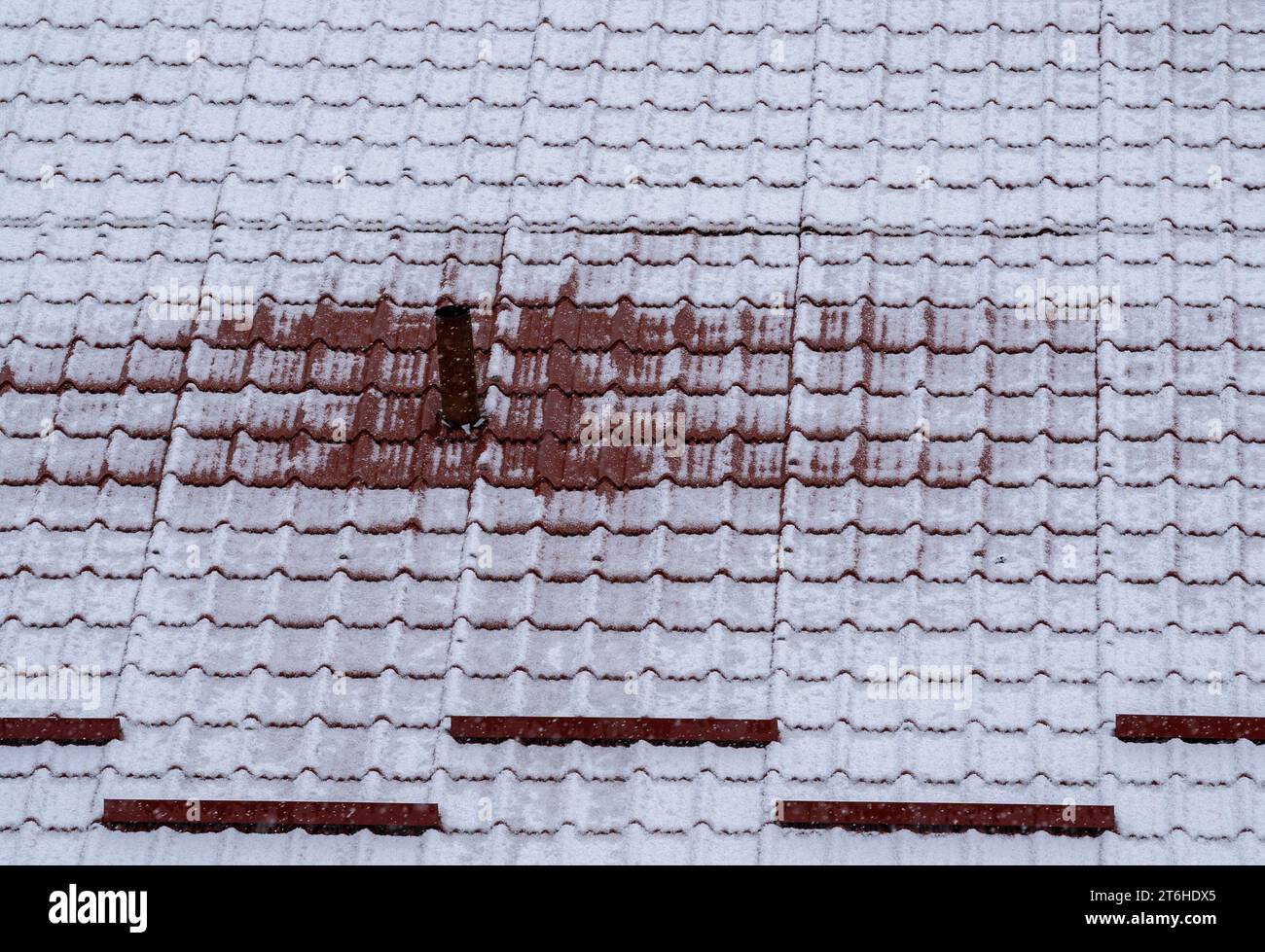 Winter season. Frozen rooftop,in the morning. Old rusty chimney. Part ...