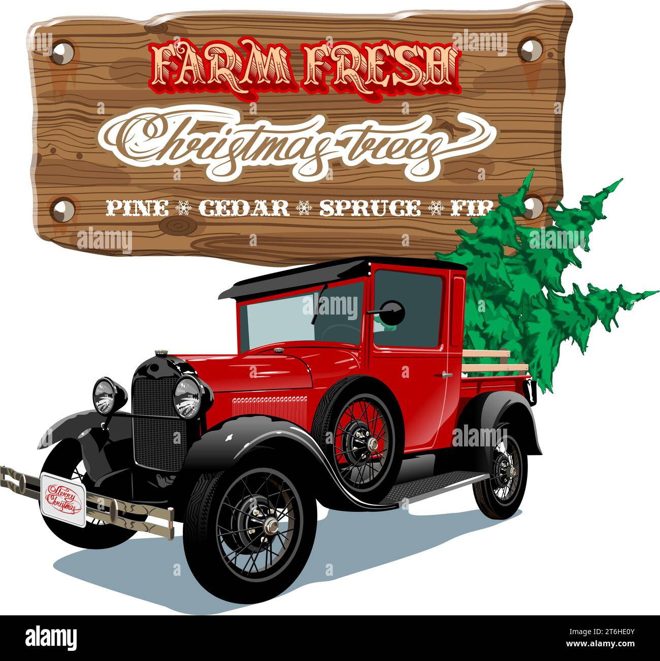 Vector vintage farm sign with Christmas tree by red truck. Farm Fresh ...