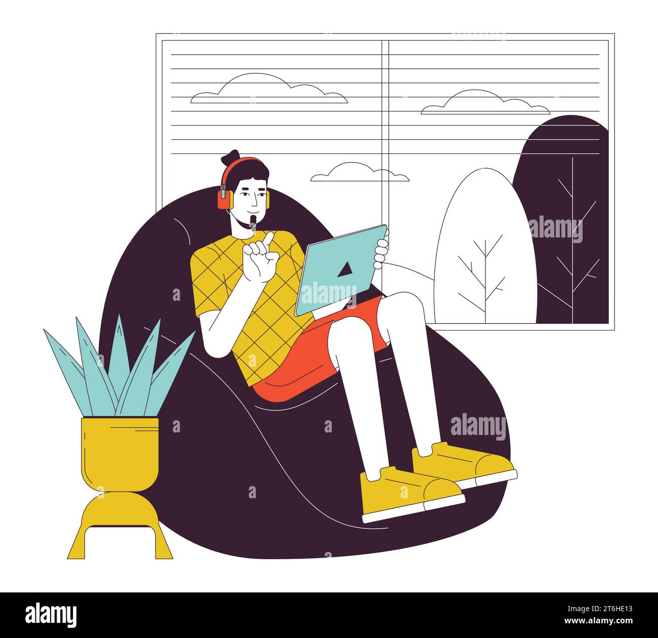 Using online streaming platform on tablet line cartoon flat ...