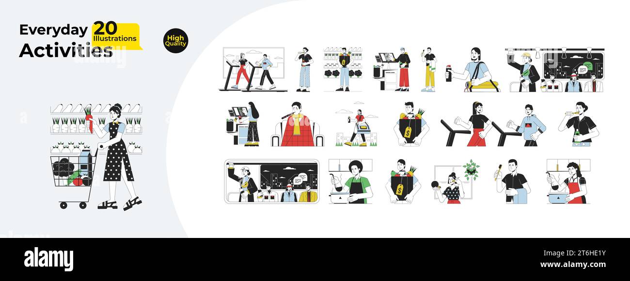 Daily life activities line cartoon flat illustration bundle Stock ...