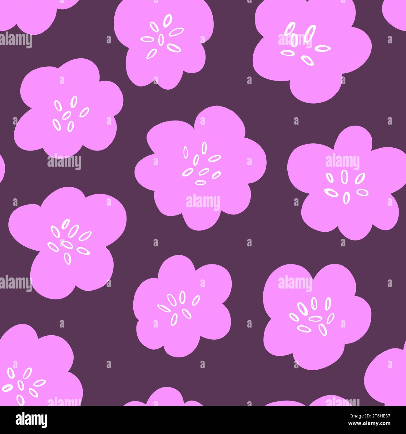 Vector seamless pattern with simple violet flowers on dark background ...
