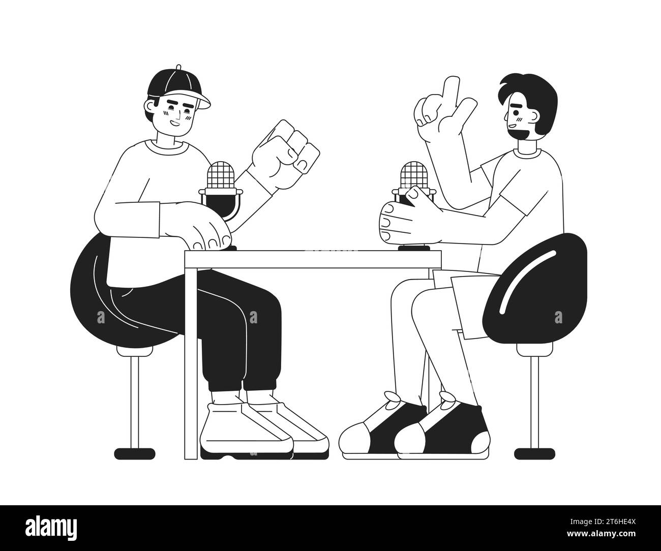 Best friends men podcasters black and white 2D cartoon characters Stock ...