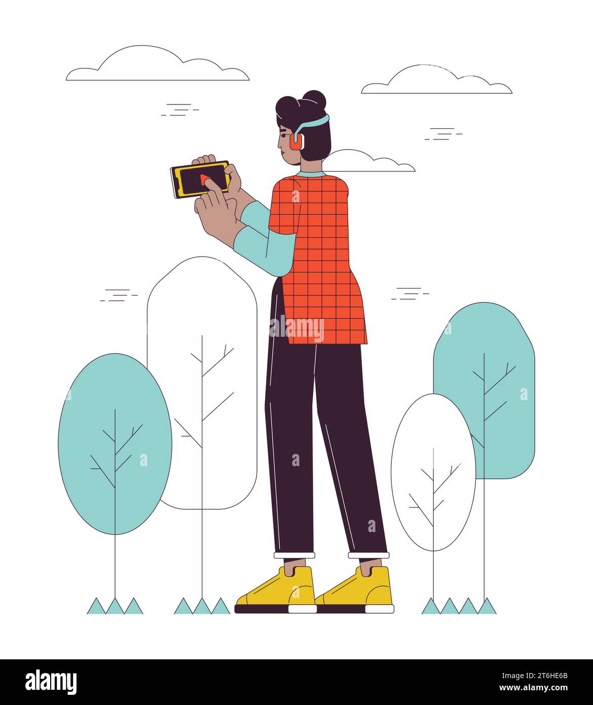 Using music streaming service line cartoon flat illustration Stock ...