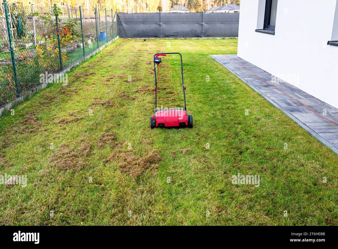 Scarifying the lawn before the winter season using an electric ...