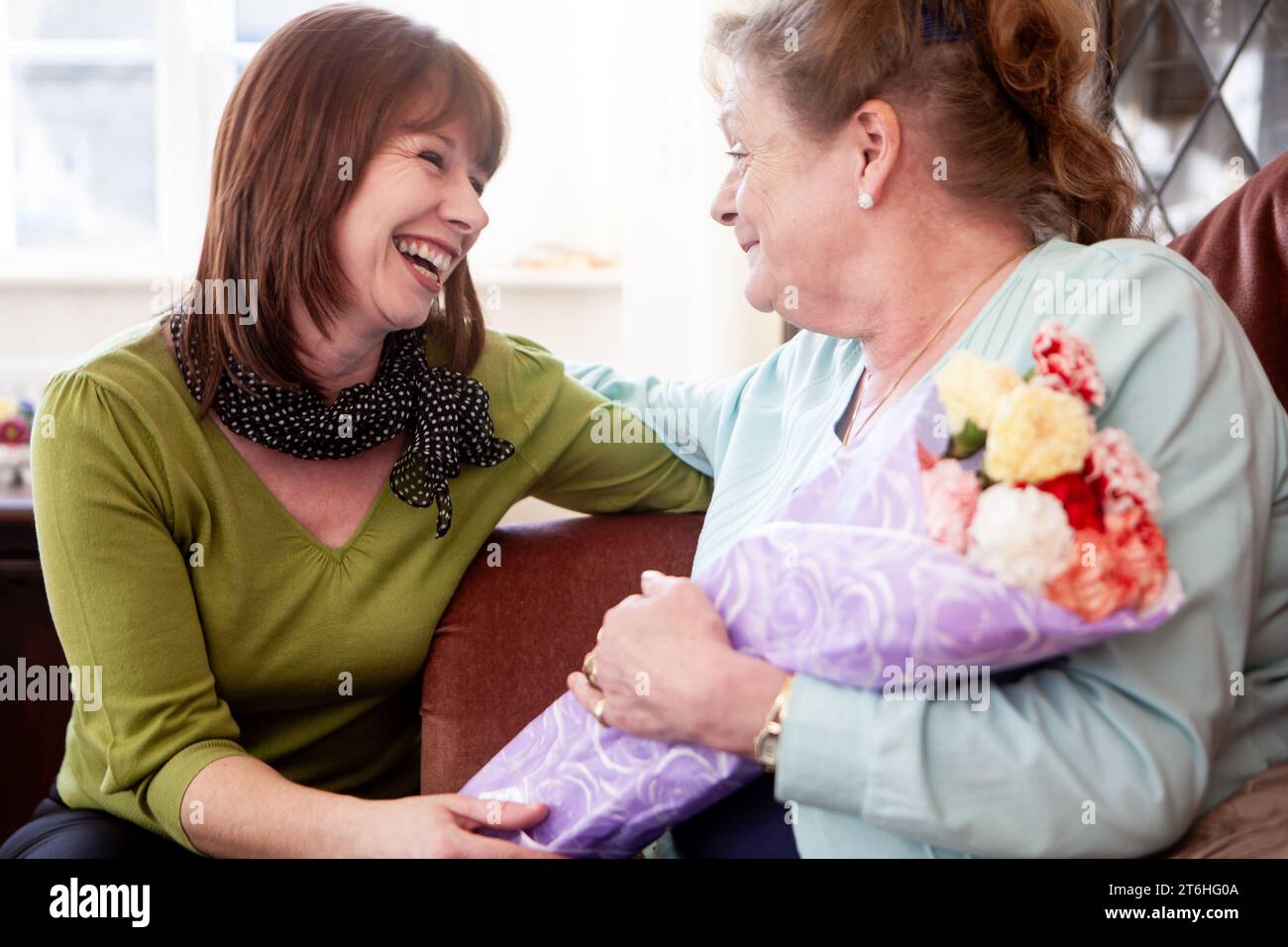 Help the Aged: Visiting Mother. A mature daughter visiting her aging ...