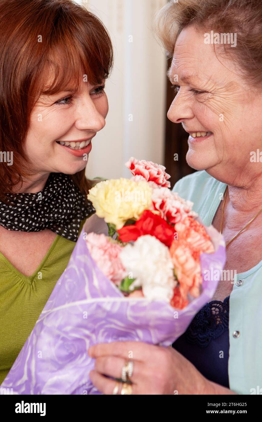 Help the Aged: Visiting Mother. A mature daughter visiting her aging ...
