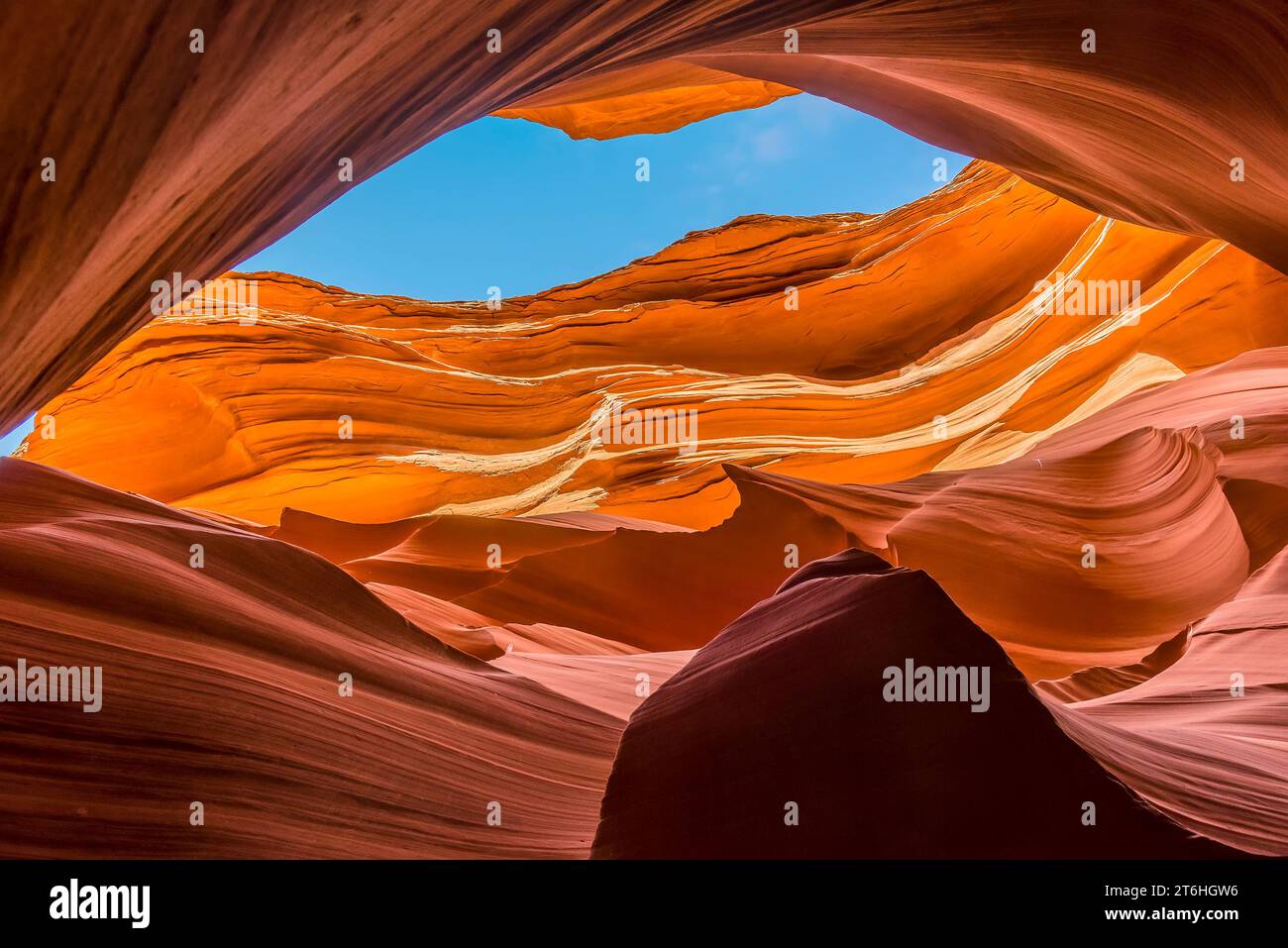 A view of the high level, glowing walls in lower Antelope Canyon, Page ...
