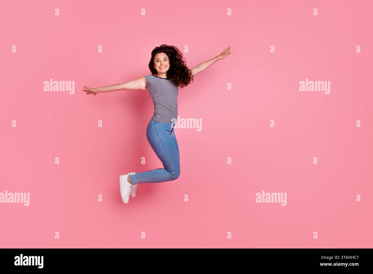 Full length body photo of energetic girlfriend flying air with hands ...