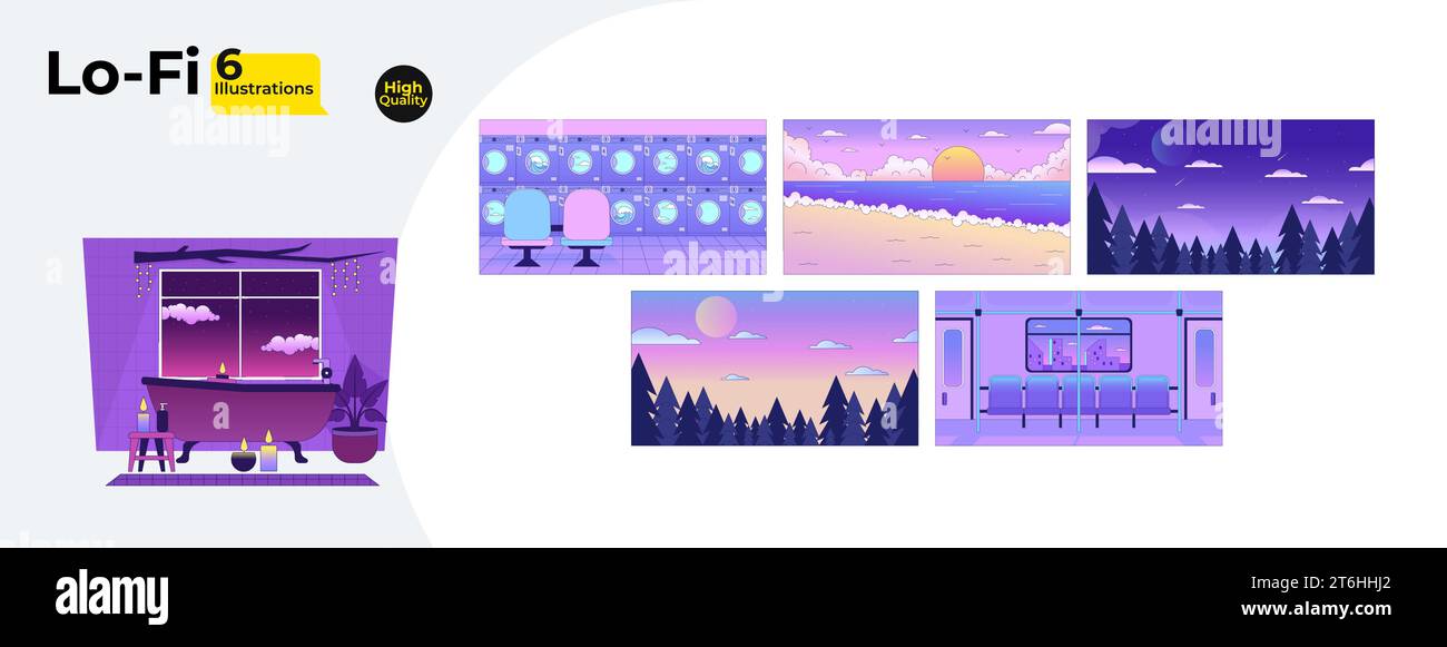 Purple pink nostalgic 2D cartoon backgrounds bundle Stock Vector Image ...