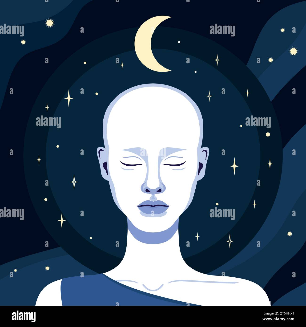 Beautiful Bald Woman With Closed Eyes On Night Sky Background With