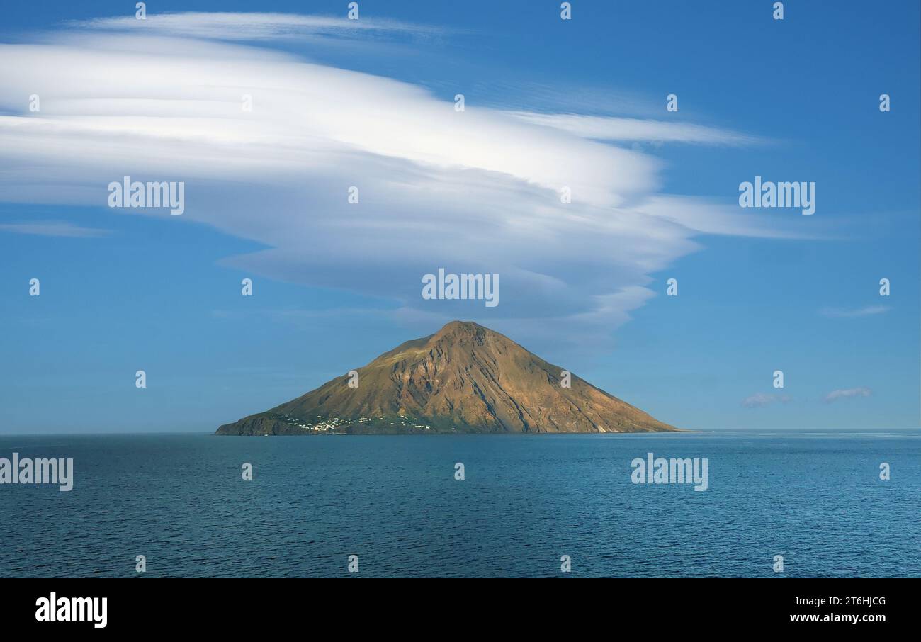View from the westside of the island of Stromboli with Ginostra village ...
