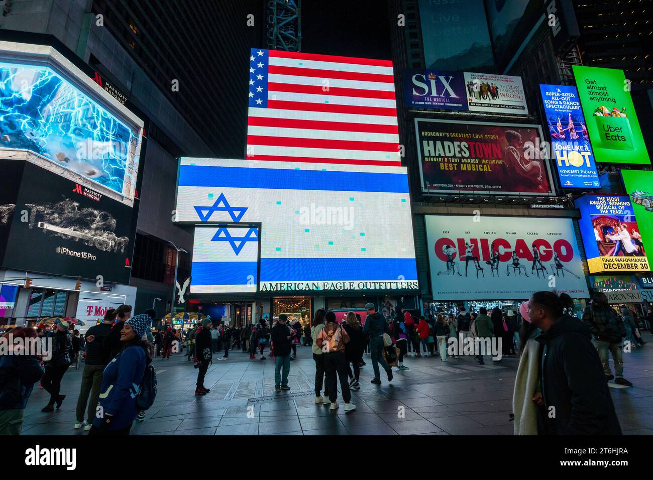 Representations of Israeli and American flags are seen in support of ...