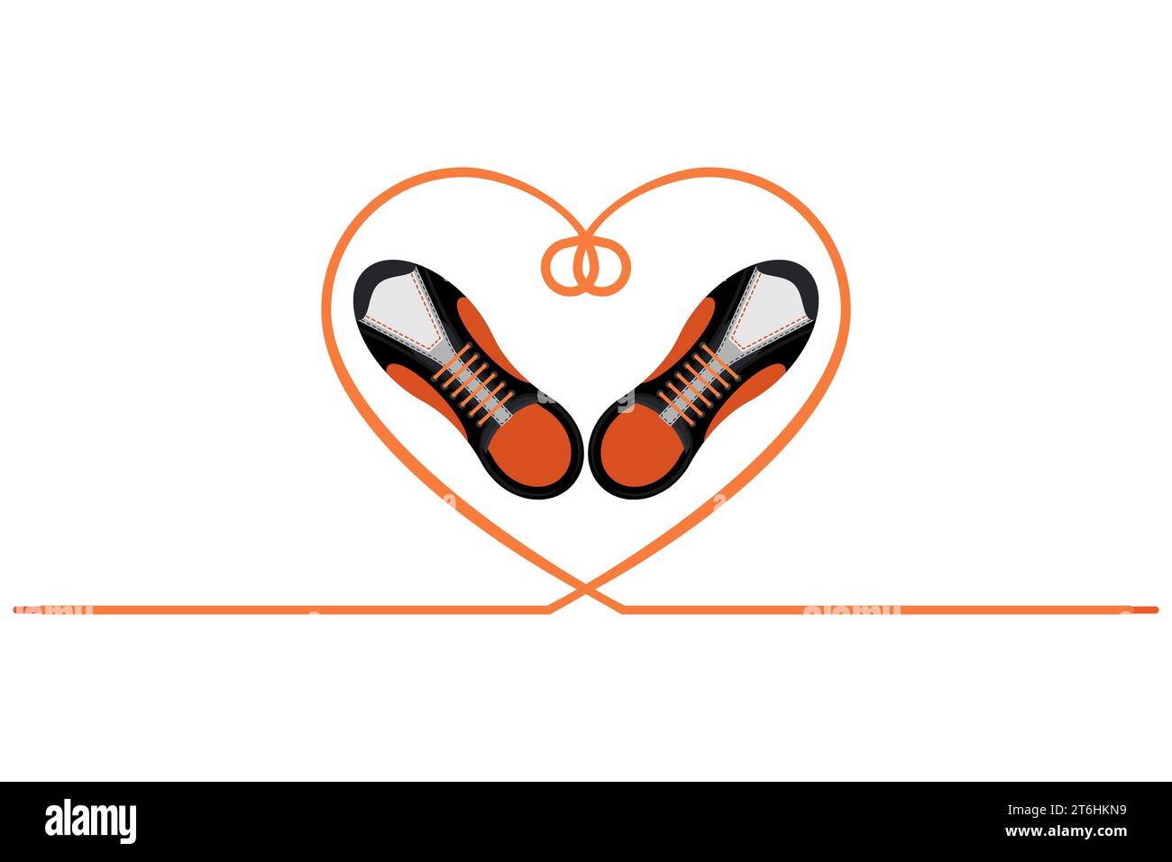 A pair of sneakers and a heart shaped shoelaces. Top view. A pair of ...
