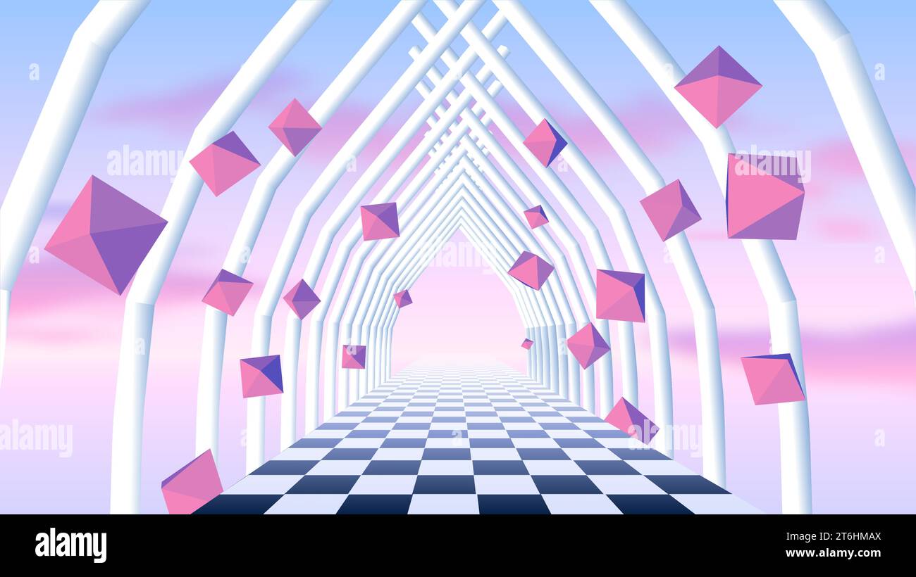 Vaporwave corridor of pillars with flying 3D donut shapes and sun in ...
