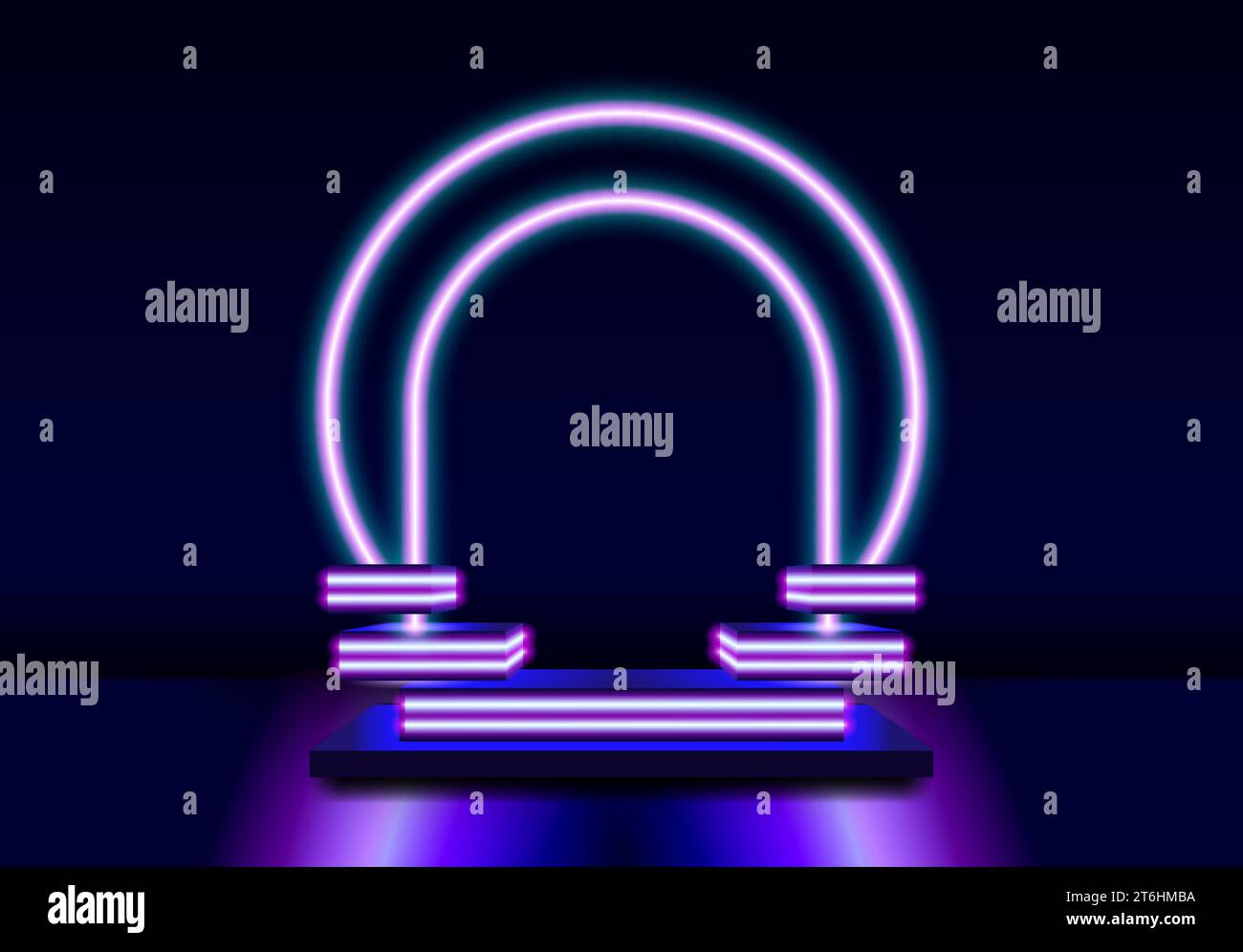 Neon arc in the dark club room in 80s synthwave style. Neon podium or ...