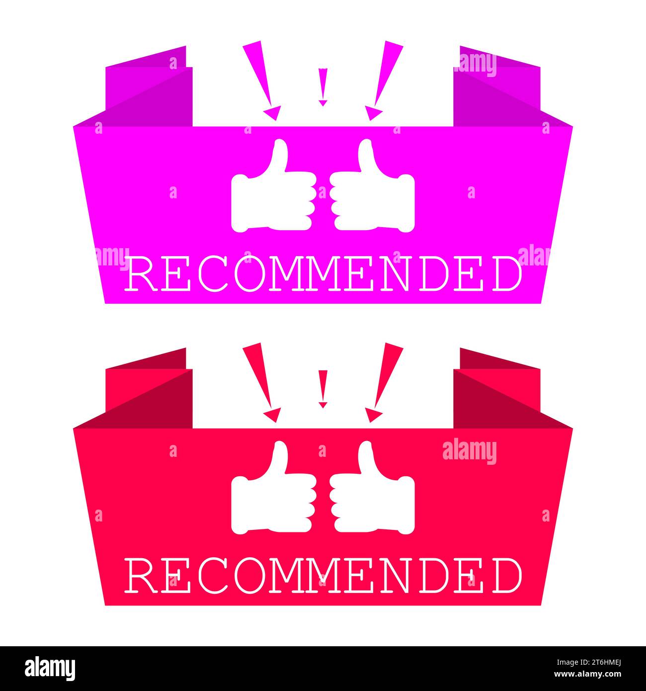 Pink and red banner recommended with thumb up and exclamation points ...