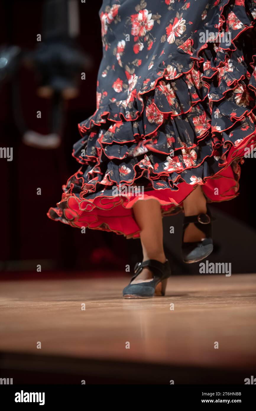 Feet of flamenco dancers, performing on a wooden stage. One woman gypsy ...