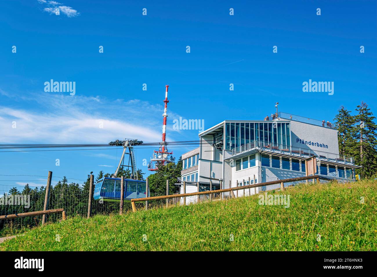 A gondola of the Pfänder cable car arrives on the Pfänder mountain ...