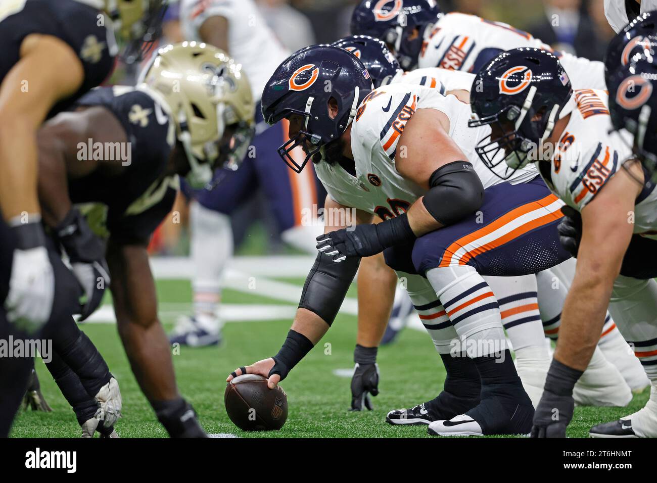 Chicago Bears guard Lucas Patrick (62) lines up during an NFL football game against the New ...