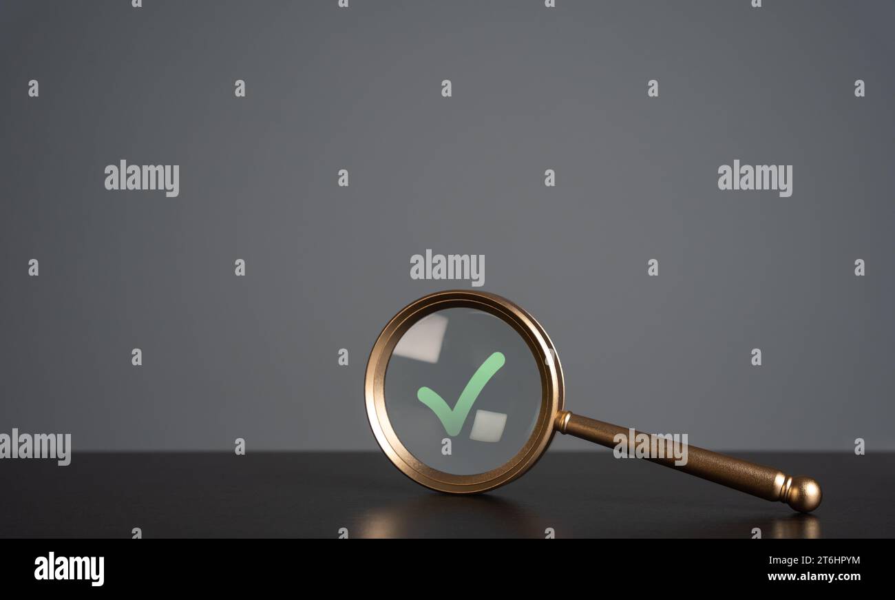 Magnifying glass and green check mark. Pass verification successfully ...