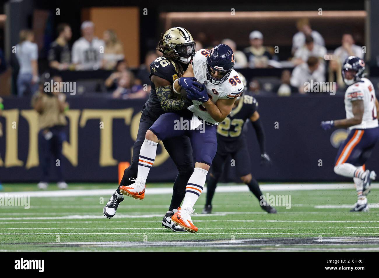 Chicago Bears tight end Cole Kmet (85) is tackled by New Orleans Saints ...