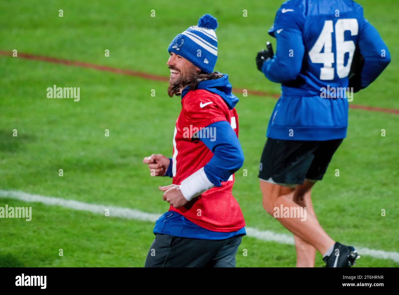 Indianapolis Colts quarterback Gardner Minshew, left, attends a practise session in Frankfurt ...